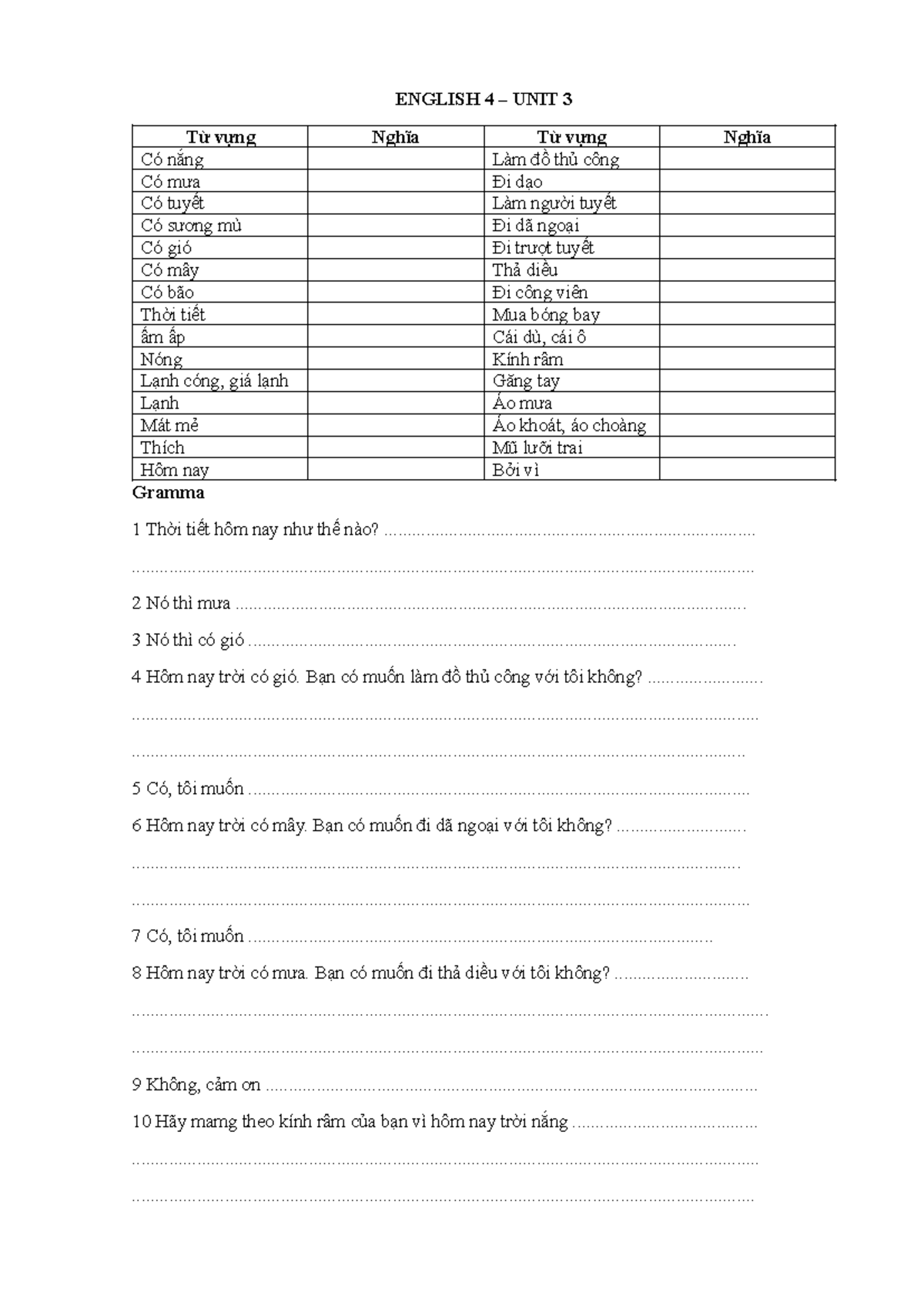 ENGLISH 4 UNIT 3 Vocabulary: Weather & Activities Review - Studocu