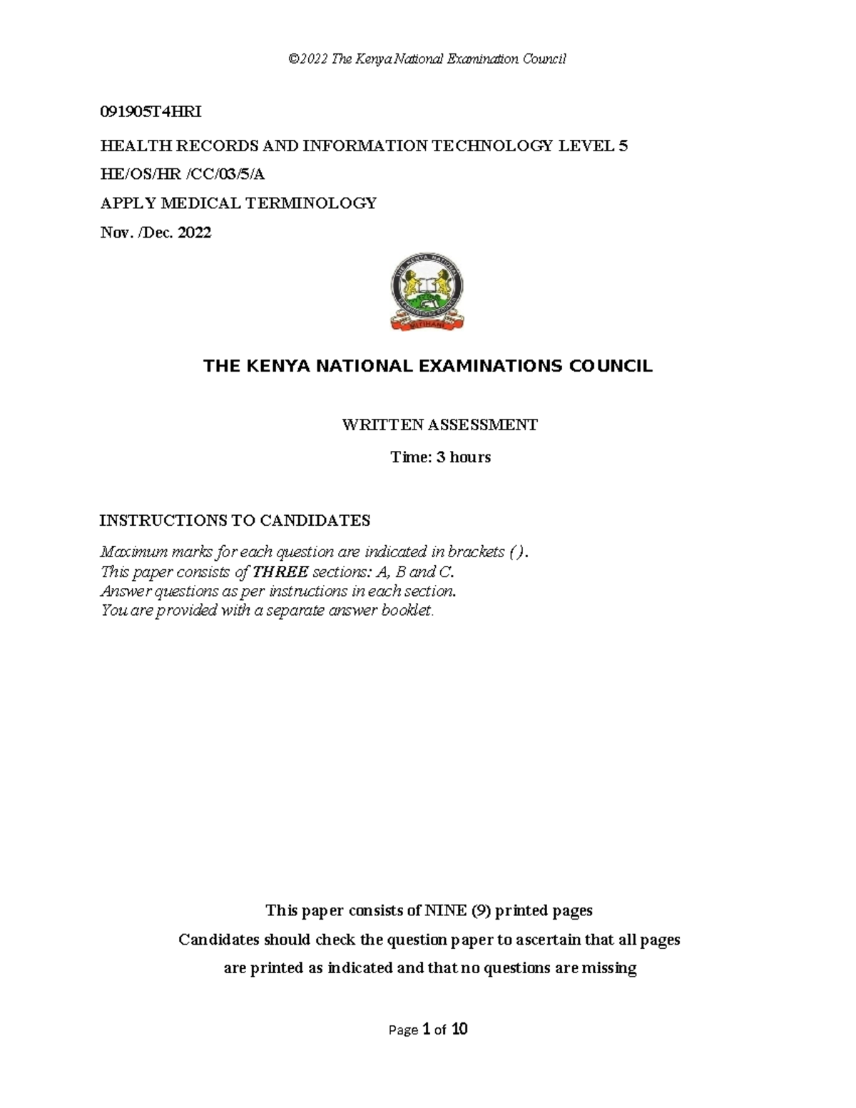 Health Records & IT Level 5 Exam - Apply Medical Terminology - Nov 2022 ...