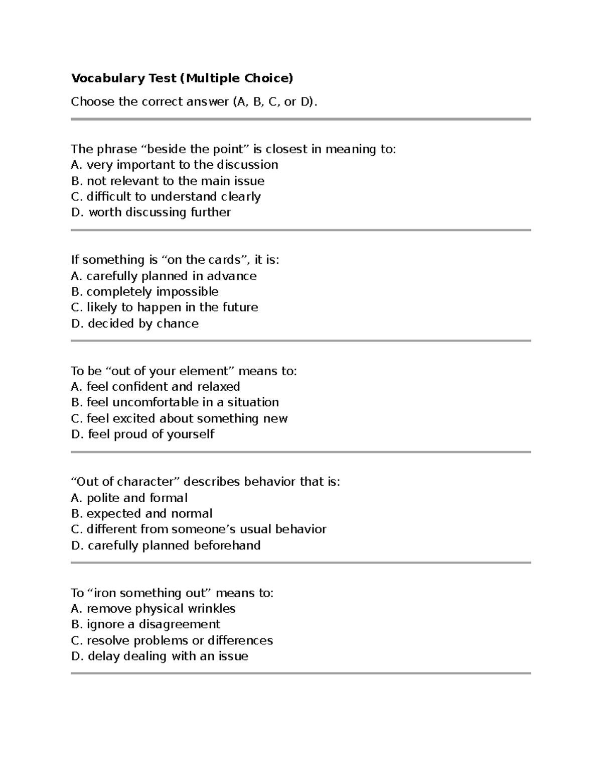 Vocabulary Test (Multiple Choice) - Vocabulary Skills Assessment - Studocu