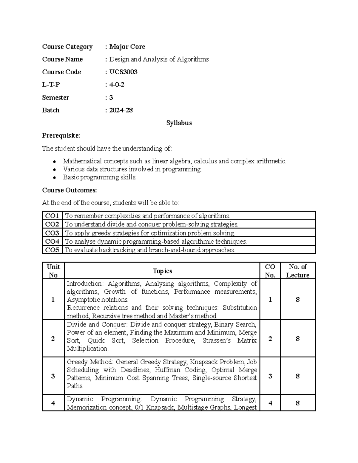 UCS3003: Design and Analysis of Algorithms Syllabus & Notes - Studocu