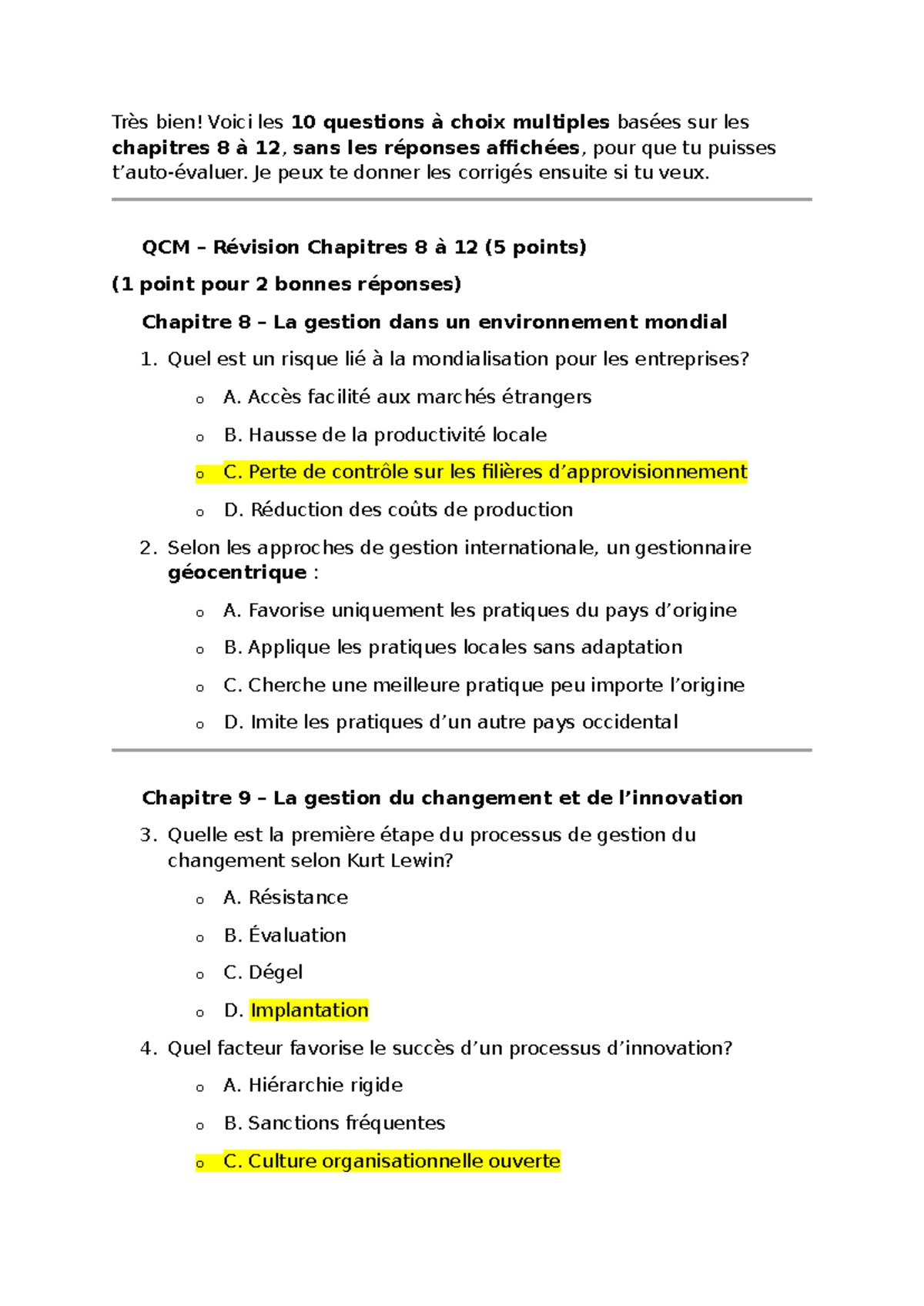 Révision QCM Chapitres 8 à 12 - Préparation Examen Final - Studocu