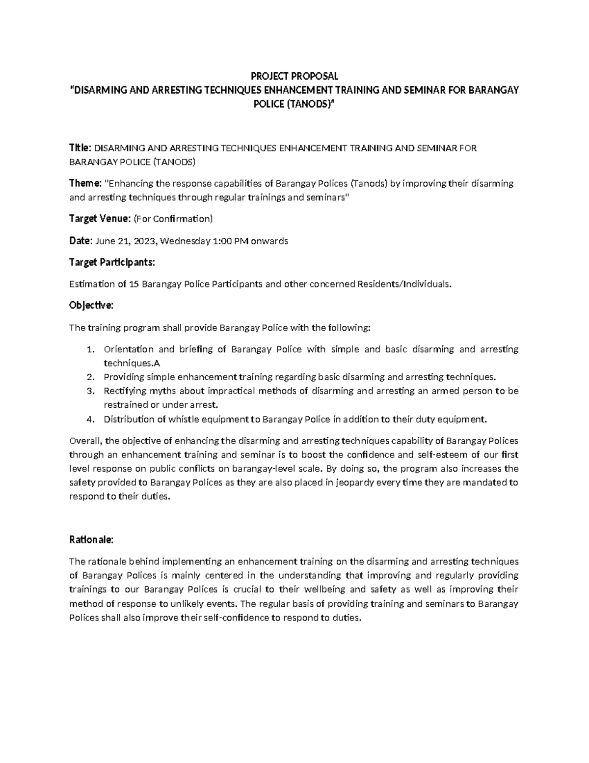 Project Proposal - Disarming & Arresting Techniques Training for ...