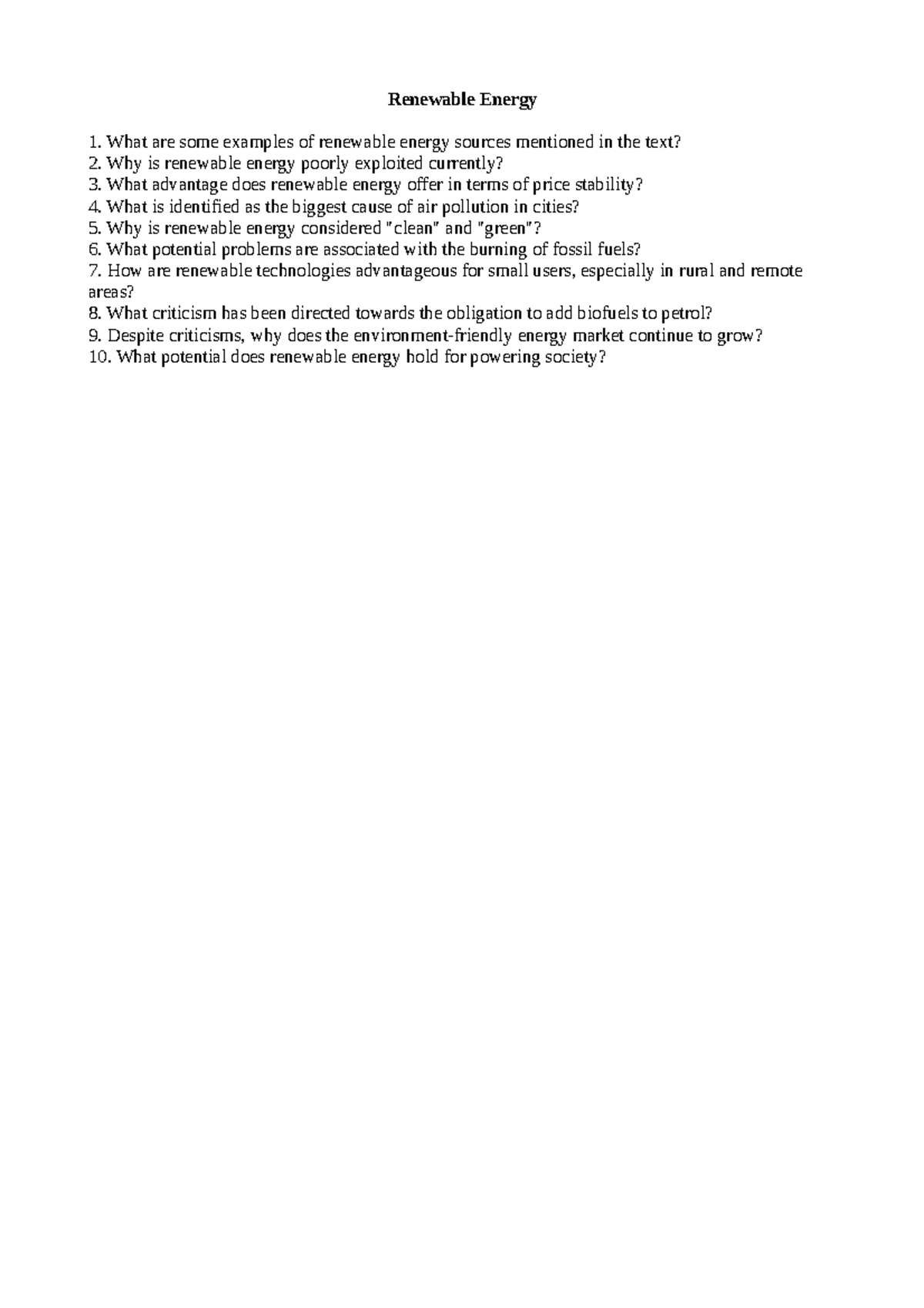 04 Renewable Energy Quiz: Key Questions and Insights - Studocu
