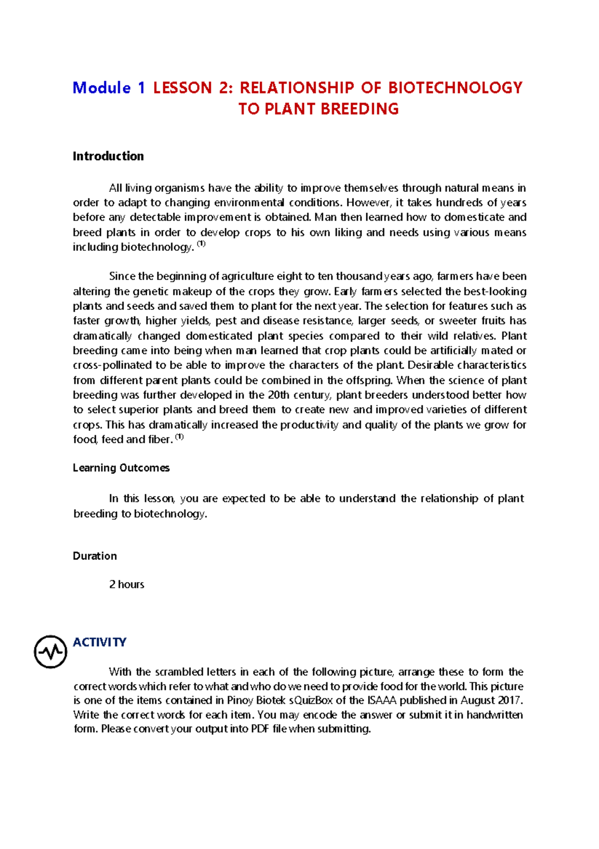 Module 1 Lesson 2: The Role of Biotechnology in Plant Breeding - Studocu