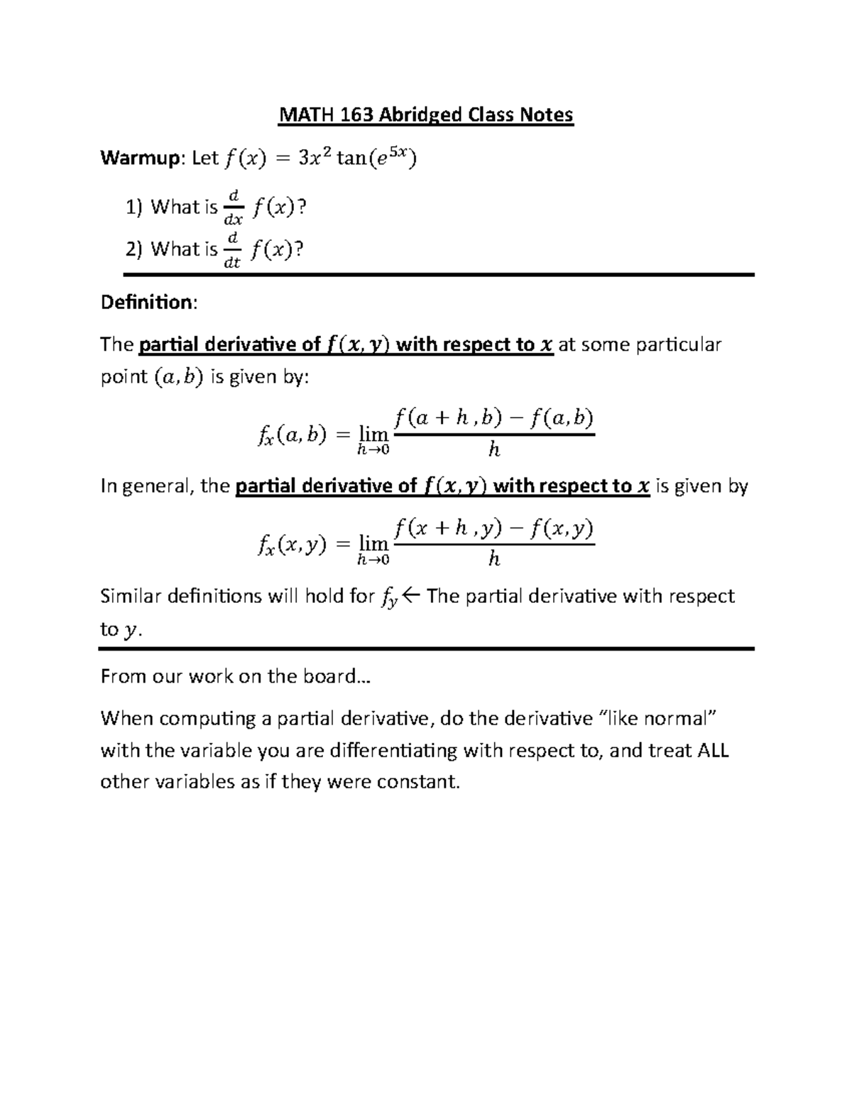 MATH 163: Abridged Notes on Partial Derivatives & Class Examples - Studocu