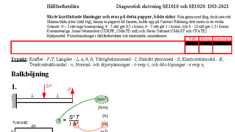 Hållfasthetslära Diagnostisk skrivning SE1010 & SE1020 - Lösningar och ...
