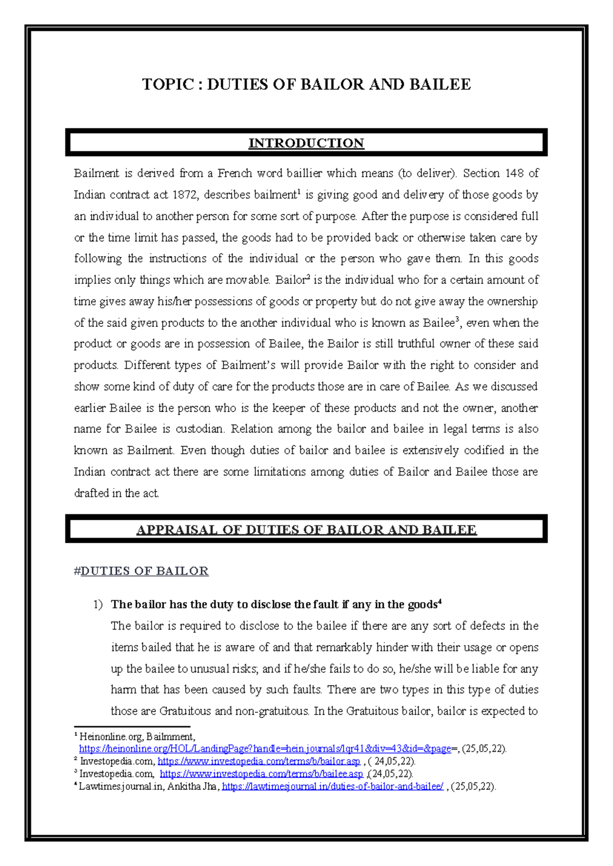 Duties of Bailor and Bailee: An Analysis under Indian Contract Act ...