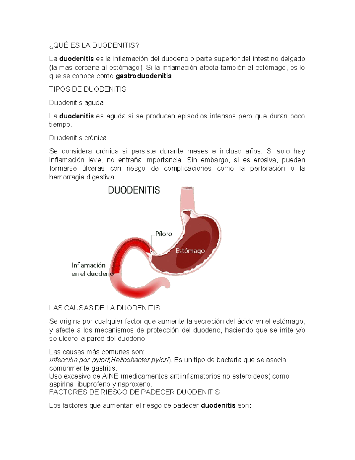Apuntes sobre la Duodenitis: Causas, Síntomas y Complicaciones - Studocu