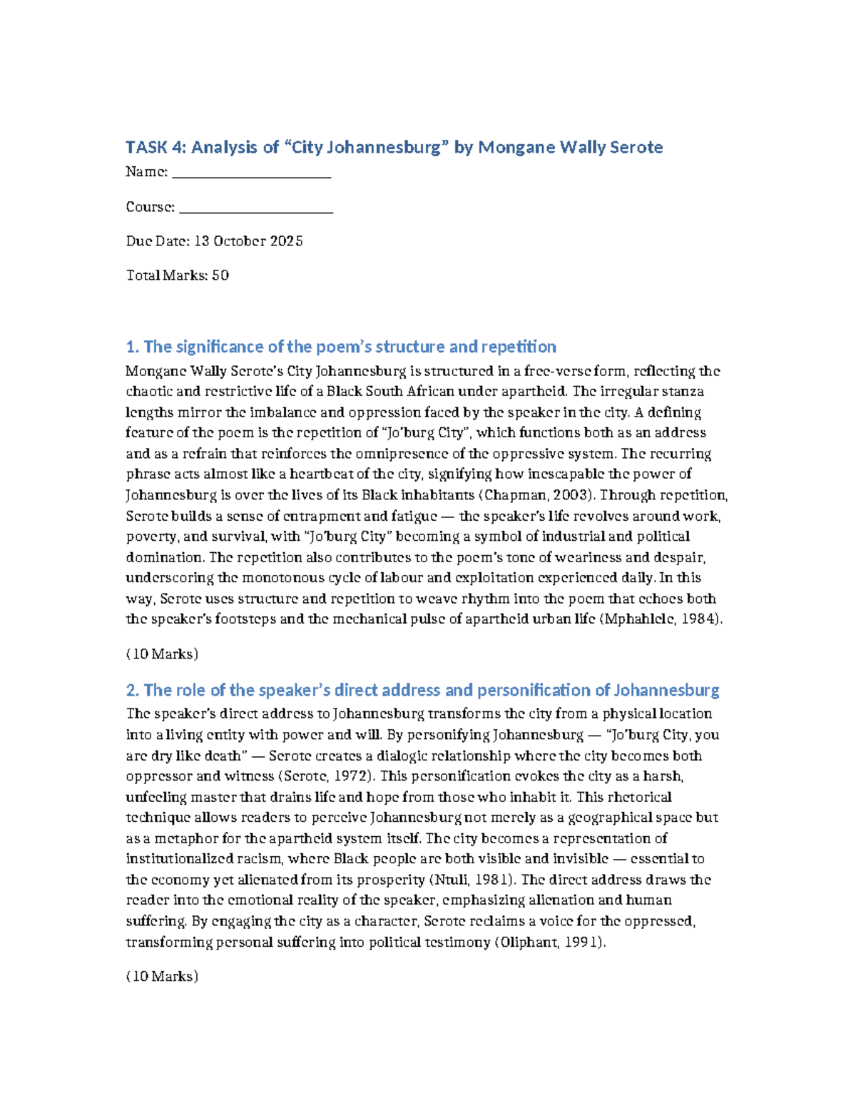 TASK 4: Analysis of Mongane Wally Serote's City Johannesburg - Studocu