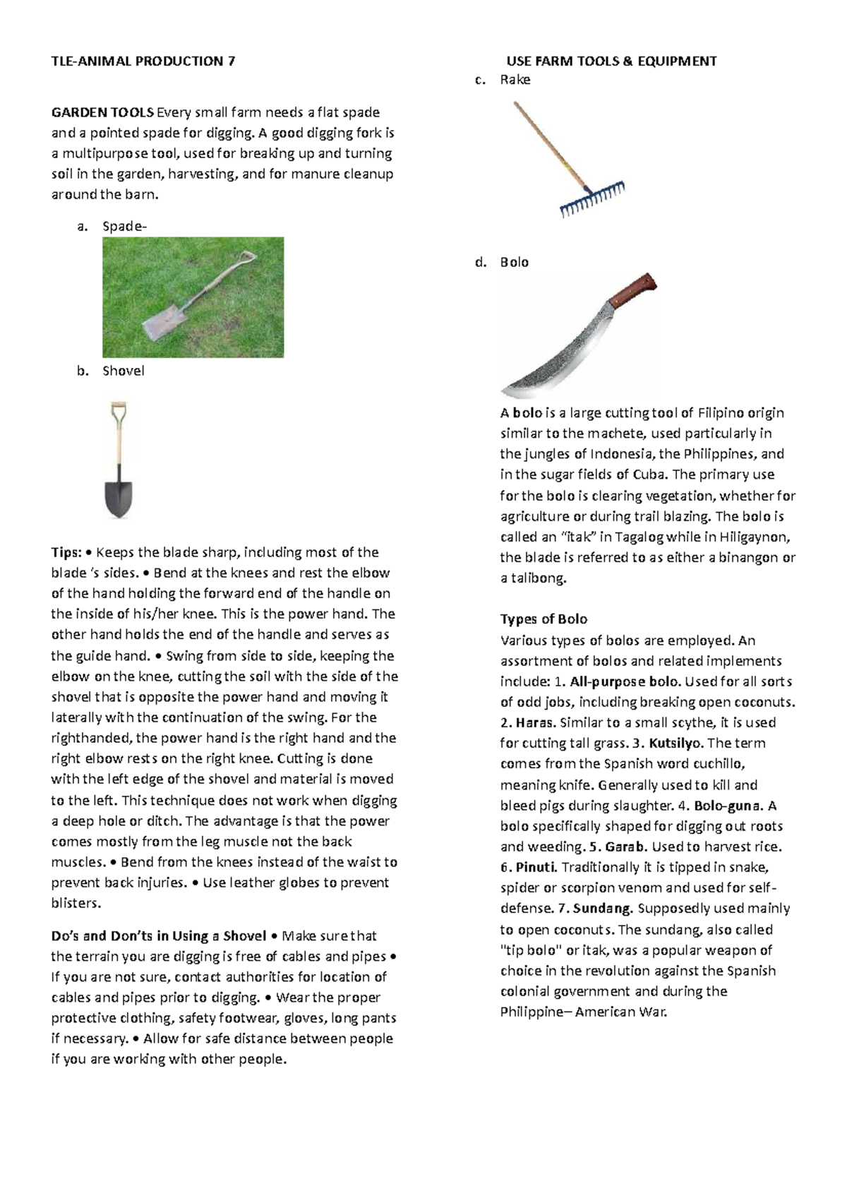 TLE-ANIMAL PRODUCTION 7 Farm Tools & Equipment Essential Notes - Studocu