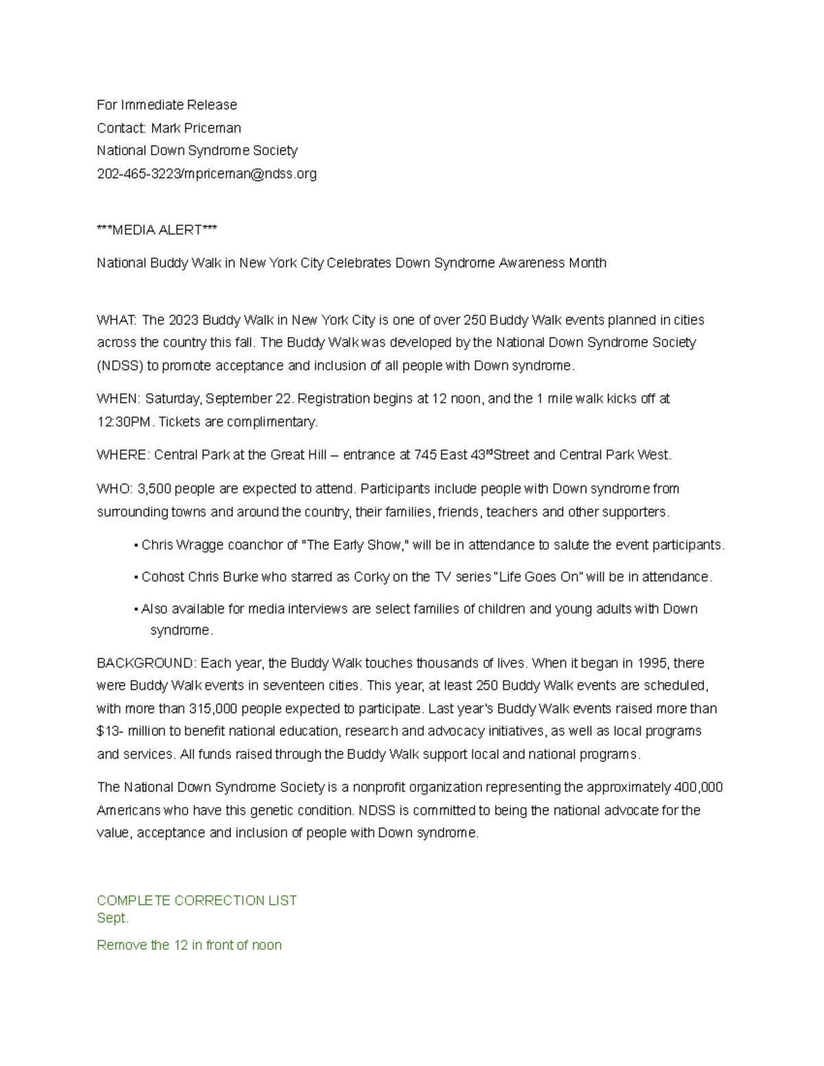 Com 227 5-1 Activity: Correction List for Buddy Walk Event Release ...