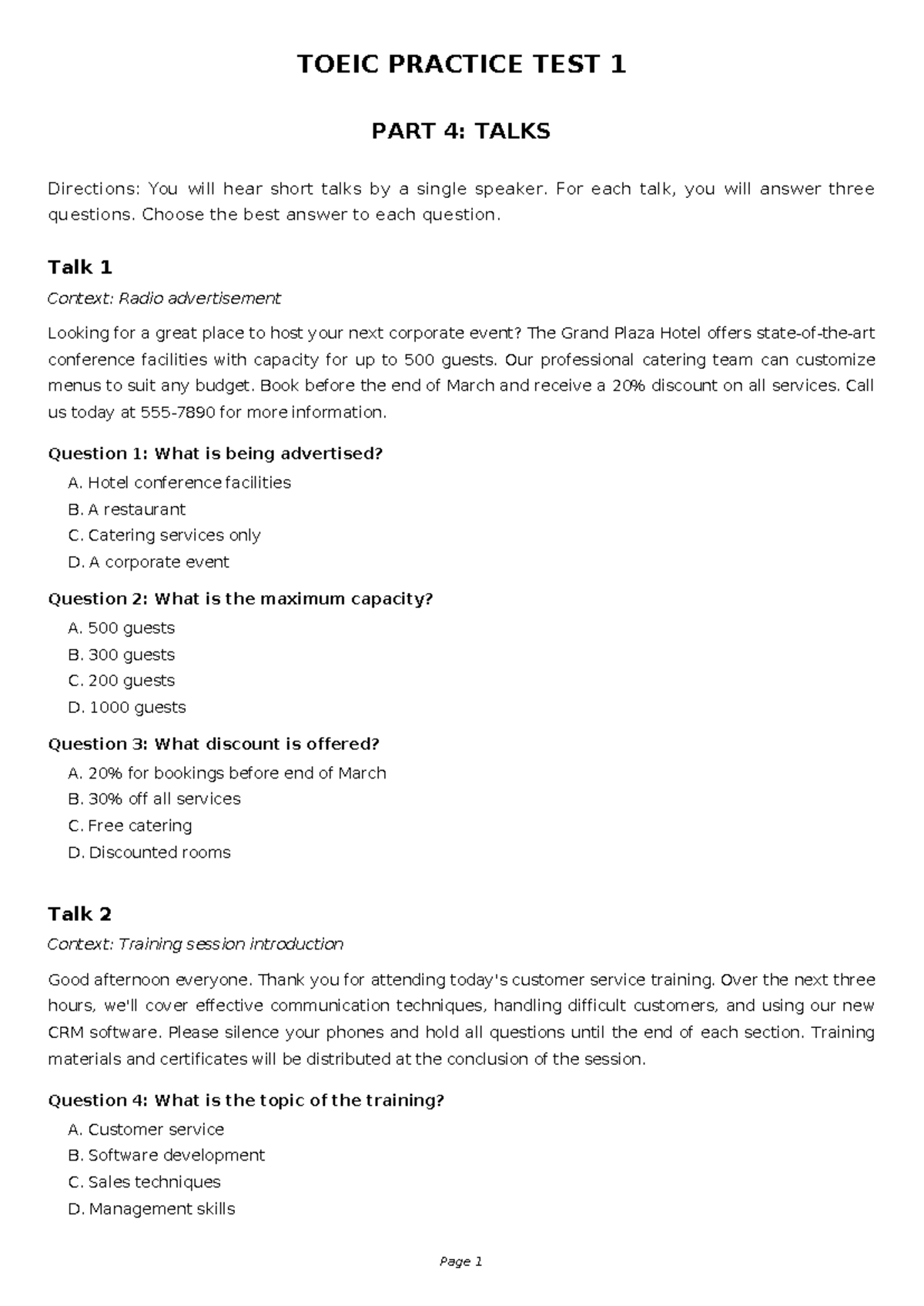 TOEIC PRACTICE TEST 1: PART 4 TALKS - Listening Comprehension - Studocu