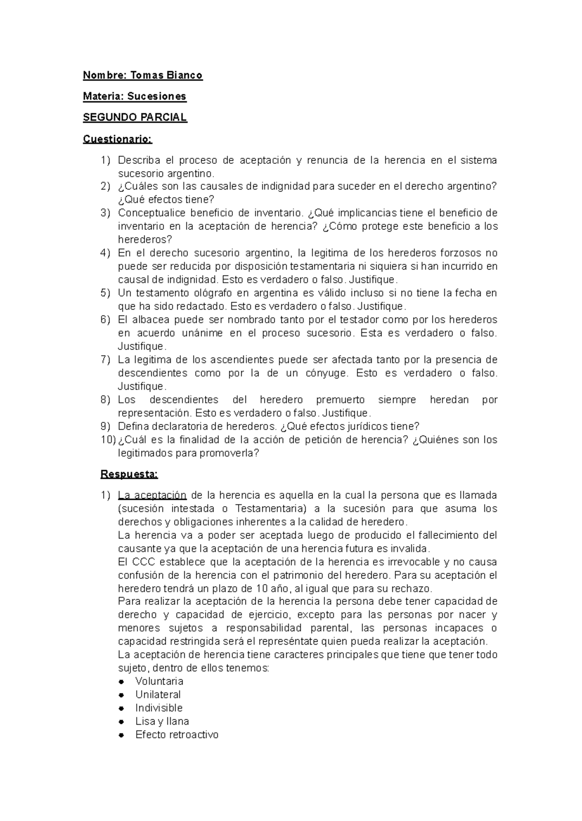 Segundo Parcial: Cuestionario sobre Sucesiones en Argentina - Studocu