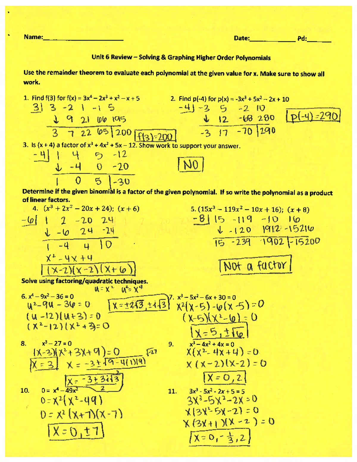 Key to review 6 - n/a - Name: Date: Pd: Unit 6 Review Solving Graphing ...