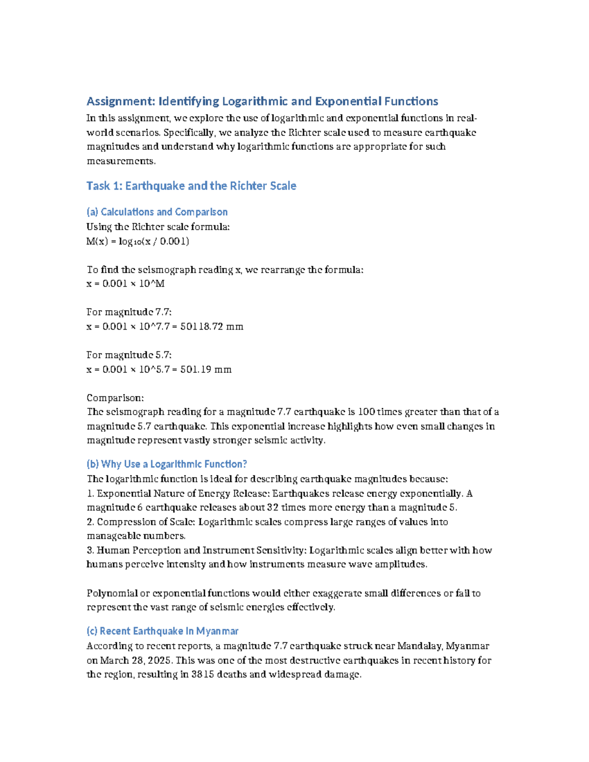 Assignment: Analyzing Logarithmic Functions in Earthquake Magnitudes ...
