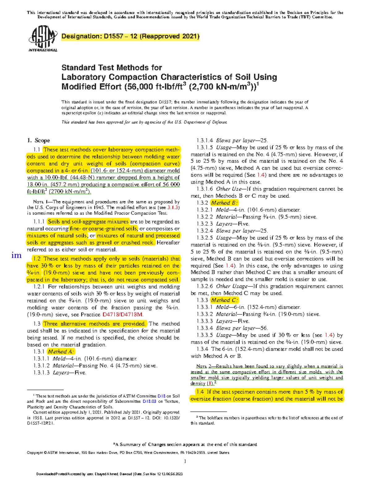 ASTM D1557-12 (2021) Standard Test Methods for Soil Compaction - Studocu