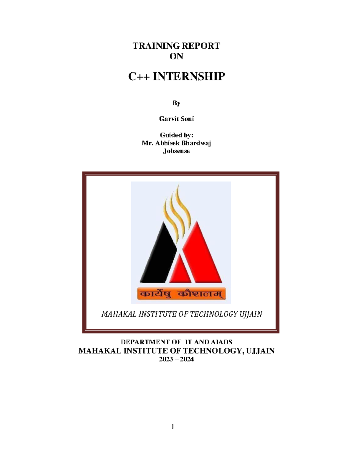 B.Tech (AIDS) Internship Training Report - Garvit Soni 2023-2024 - Studocu