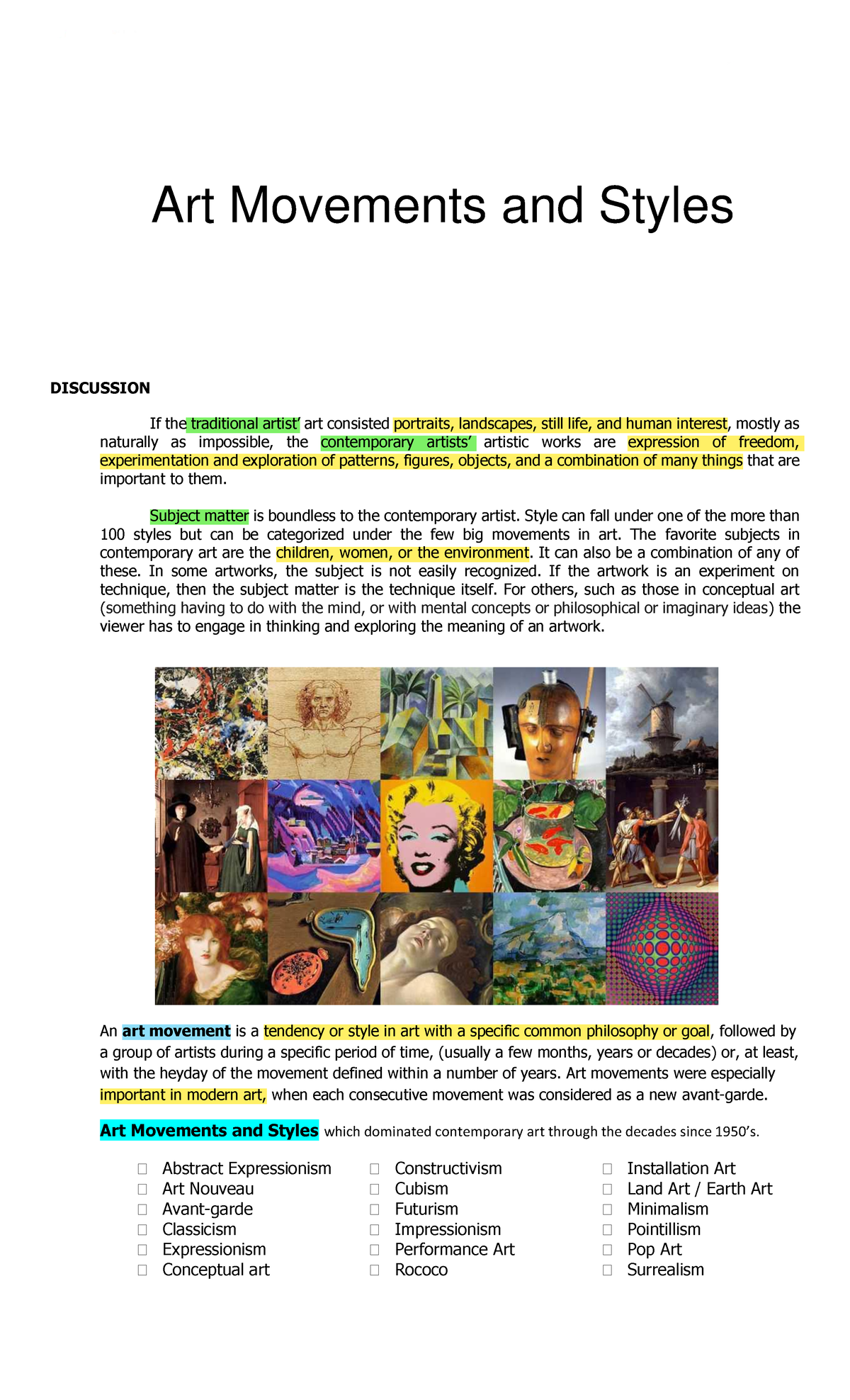 Art Movements and Styles - CAPITOL UNIVERSITY Cagayan de Oro City ...
