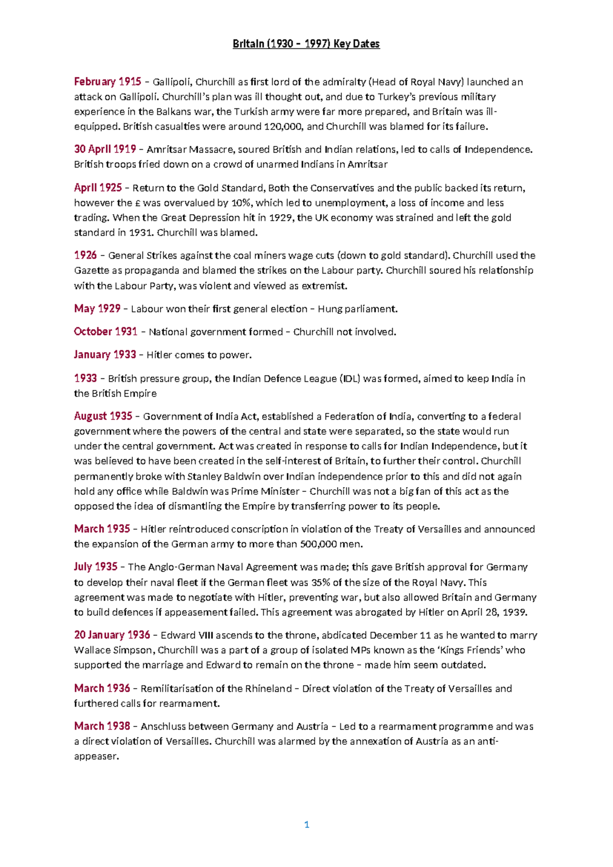 Britain (1930-1997): Significant Historical Events and Dates - Studocu