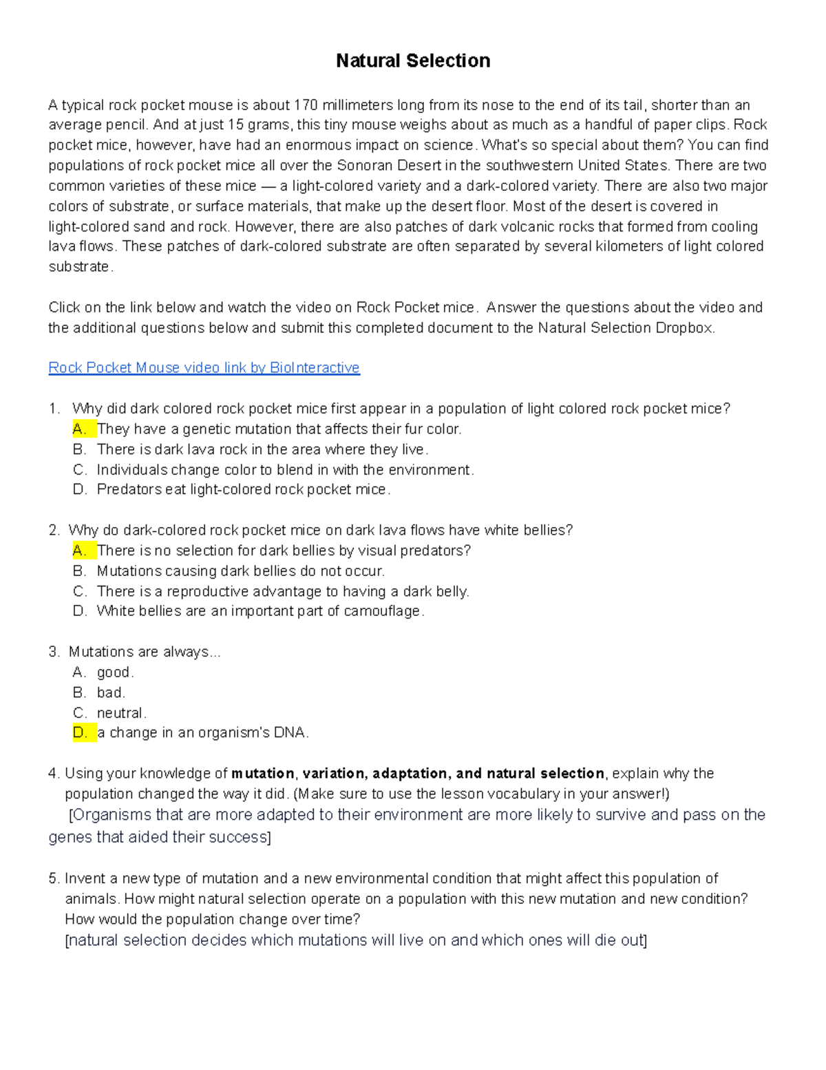 Natural Selection Case Study: Rock Pocket Mice Adaptation Analysis ...