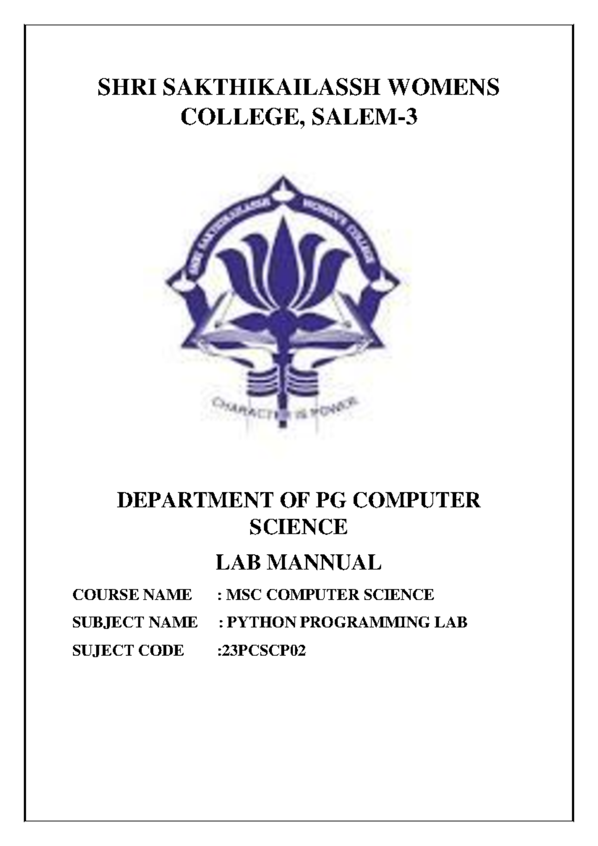 MSC Computer Science Python Programming Lab Manual (23PCSCP02) - Studocu