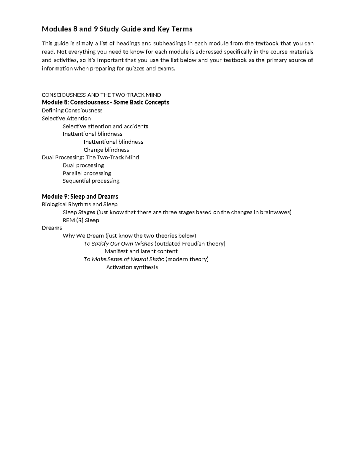Modules 8 & 9 Study Guide: Consciousness, Sleep & Dreams - Studocu