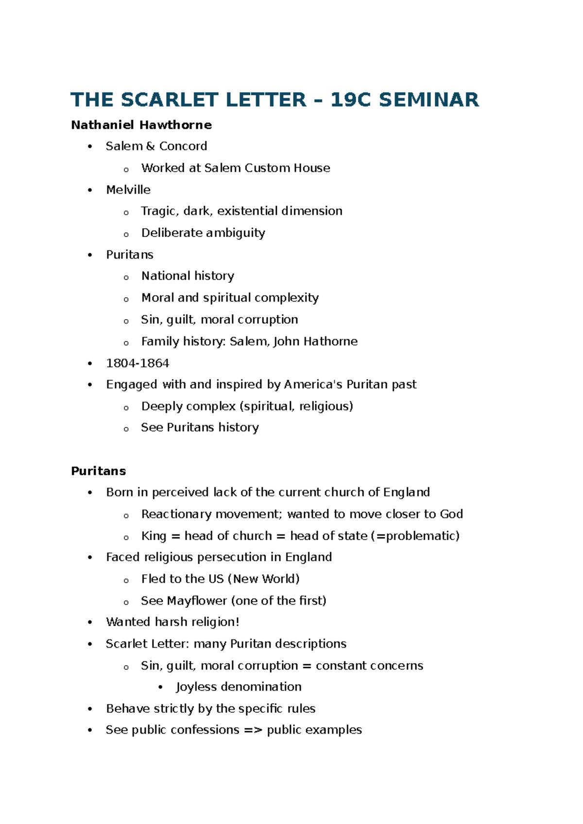 The Scarlet Letter 19C Seminar Notes: Themes & Symbolism Analysis - Studocu