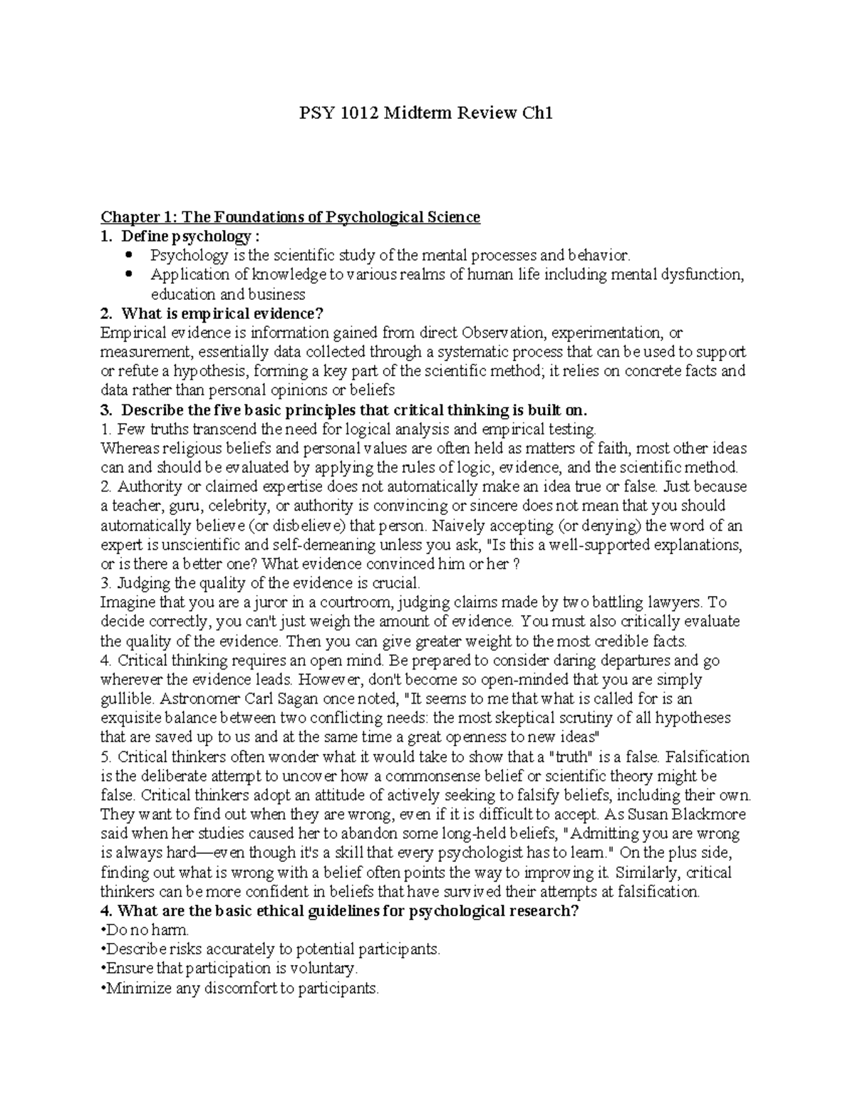 PSY 1012 Midterm Review Ch1 - Define psychology : Psychology is the ...