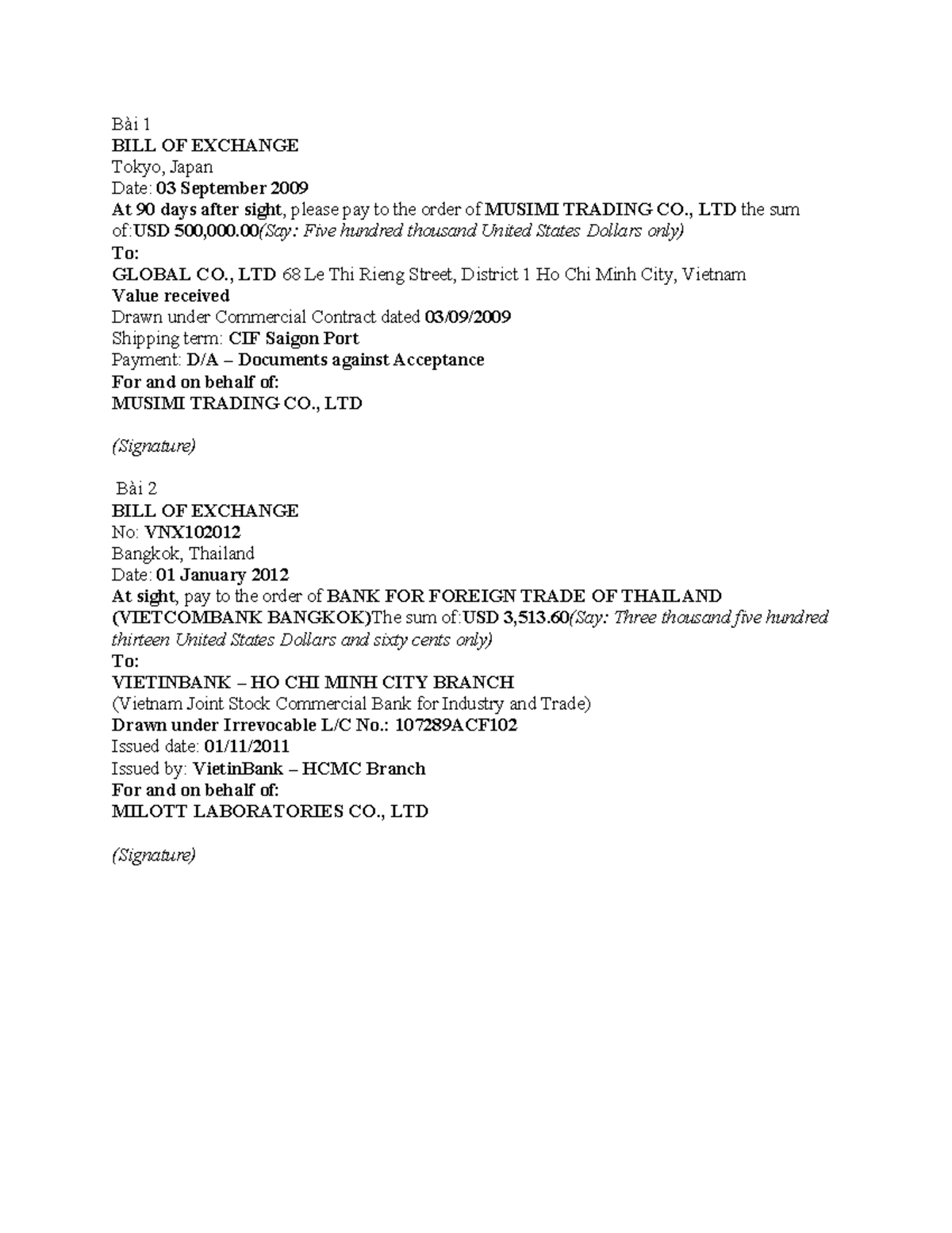 BILL OF EXCHANGE Examples: VNX102012 & MUSIMI TRADING CO. - Studocu
