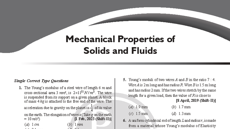 Mechanical Properties of Solids and Fluids JEE PYQ Practice Sheet - Studocu
