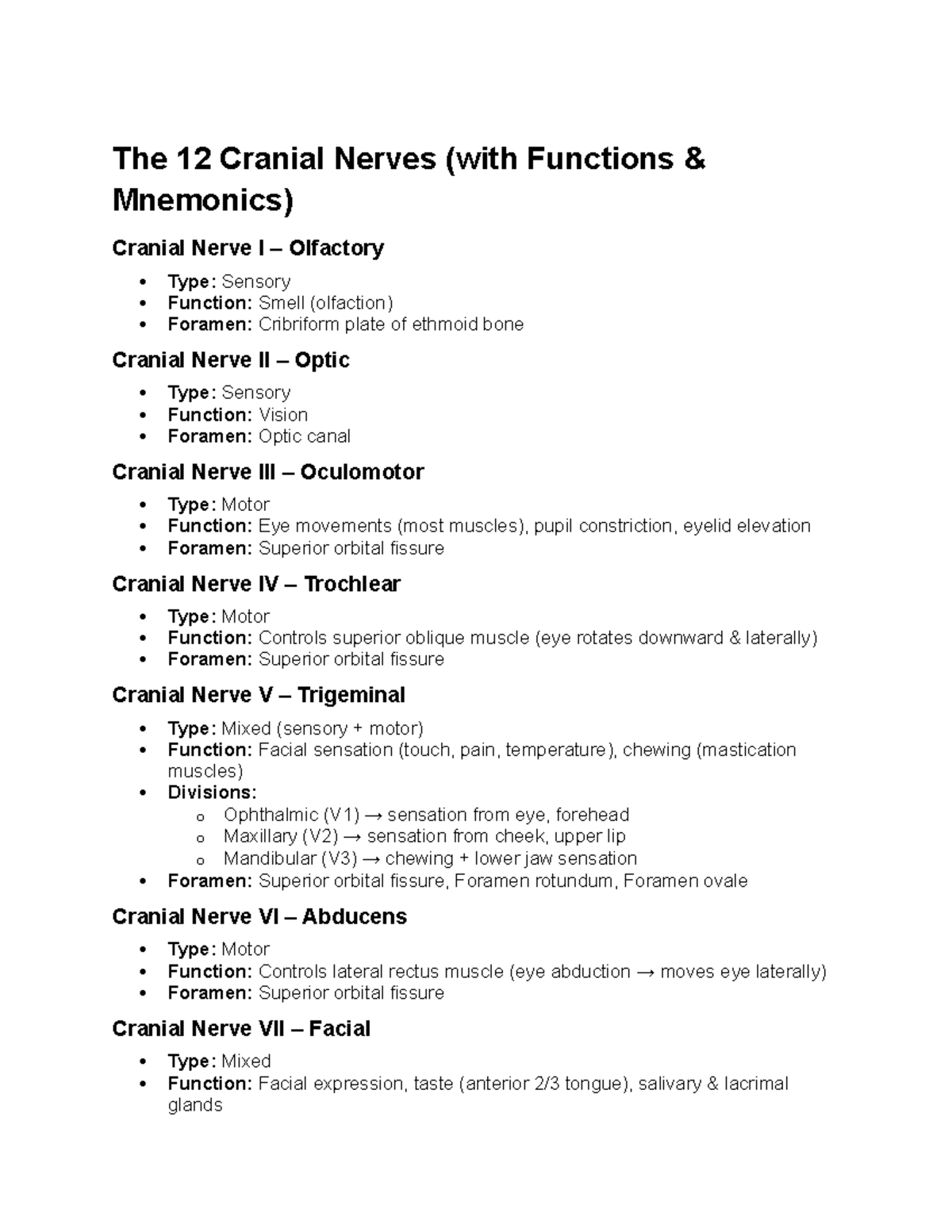 Cranial Nerves Overview: Functions & Mnemonics (12 Nerves) - Studocu