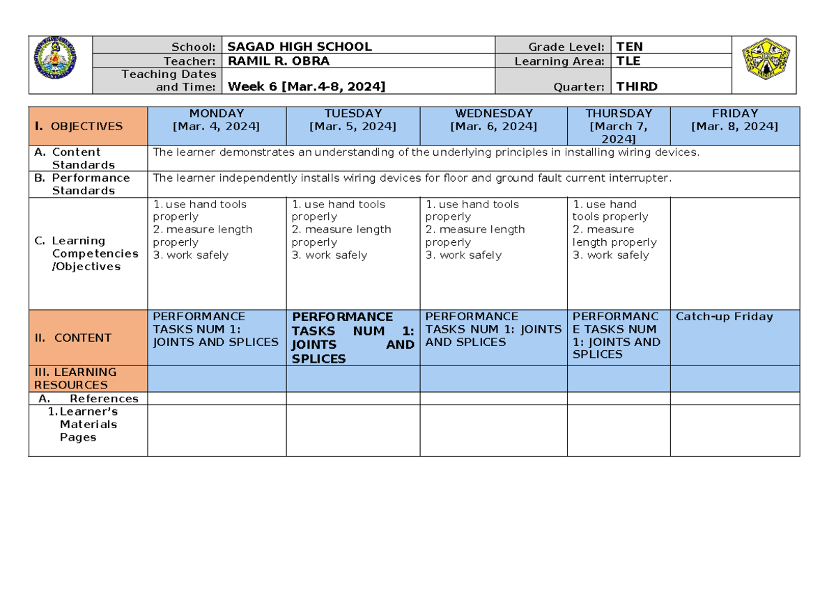 TLE Lesson Plan: Week 6, Q3, 2024 by Ramil R. Obra - Studocu