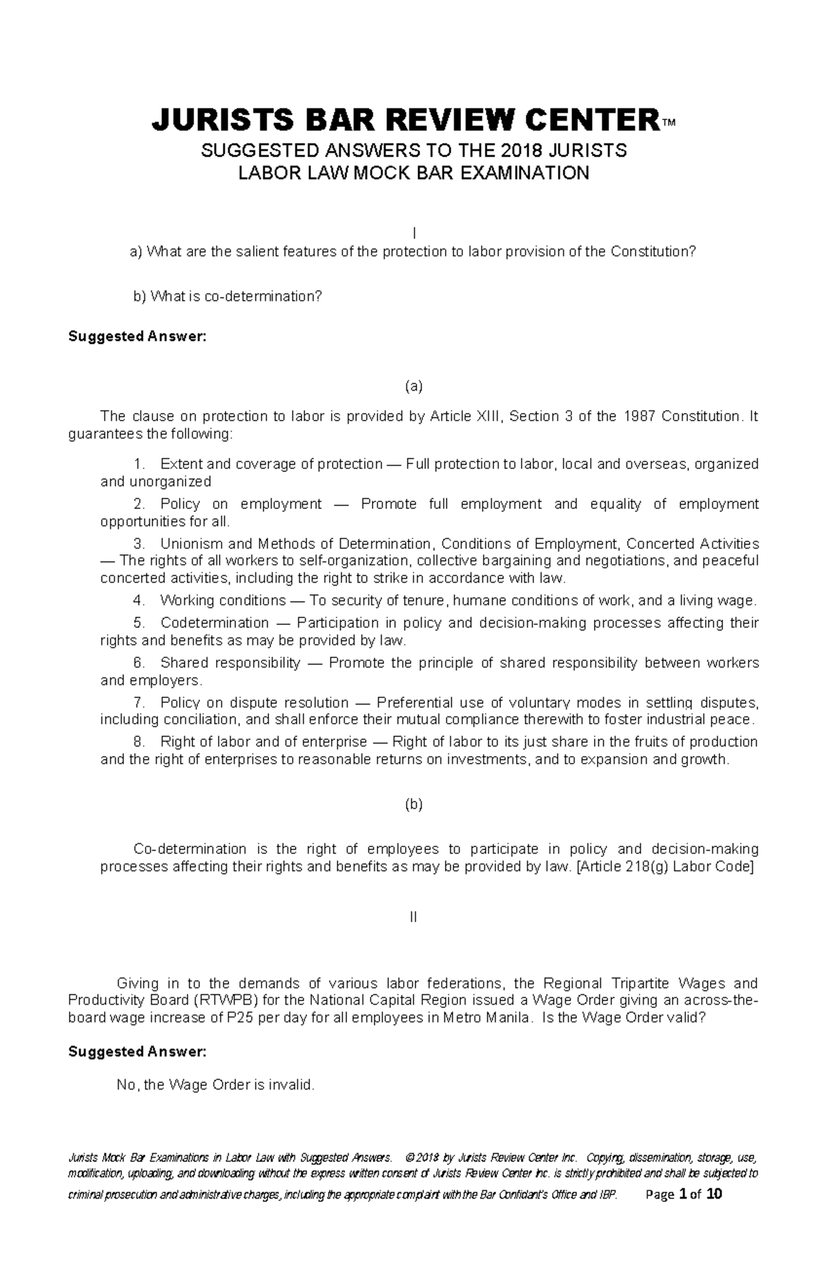 2018 Labor Law Mock Bar Exam Suggested Answers and Explanations - Studocu
