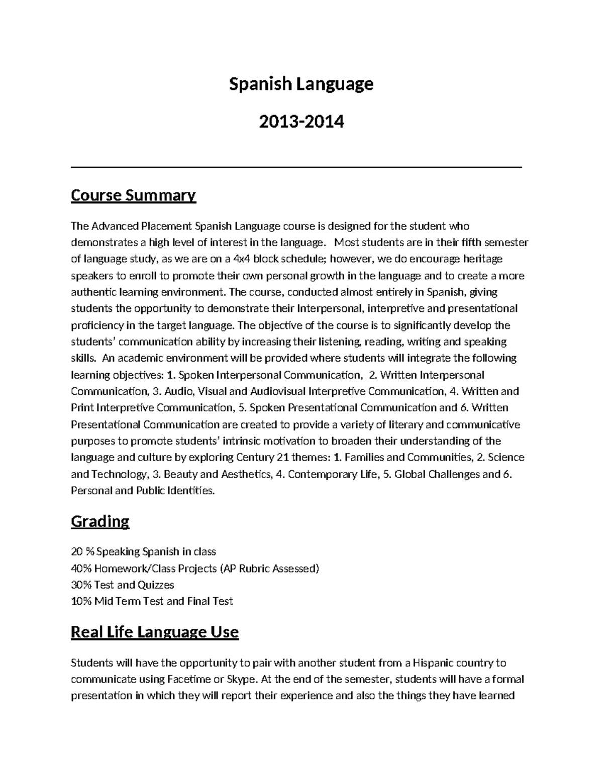 AP Curriculum spring semester final - Spanish Language 2013- - Studocu