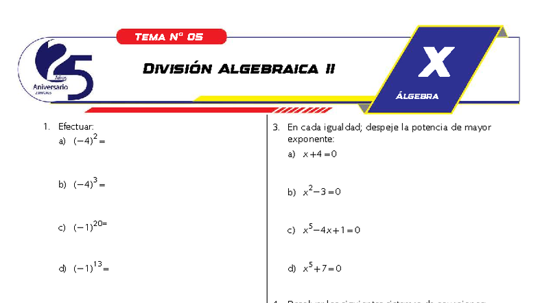Tema N° 05 - División Algebraica II - Álgebra y Polinomios - Studocu