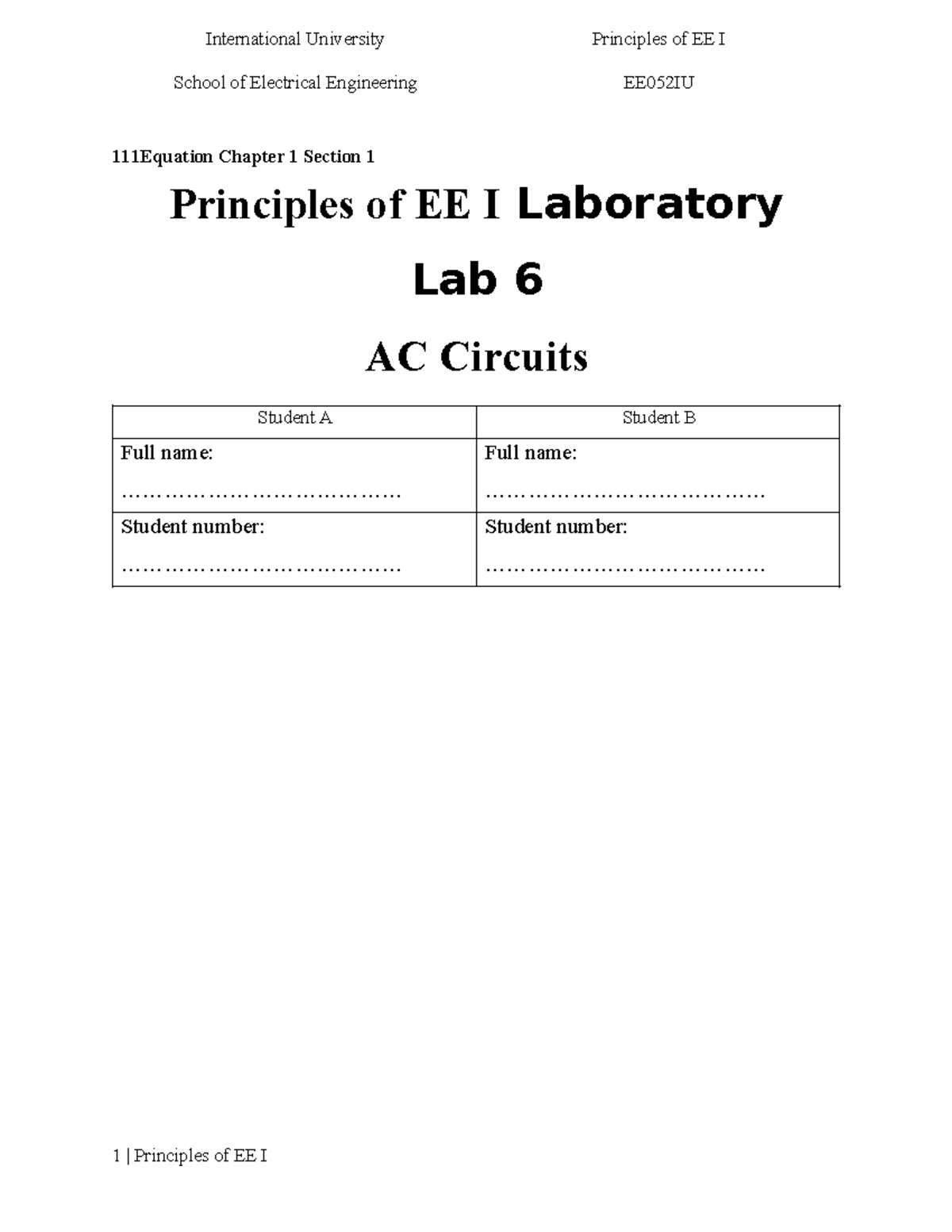 EE052IU Lab 6: AC Circuits Data Sheet for Principles of EE I - Studocu