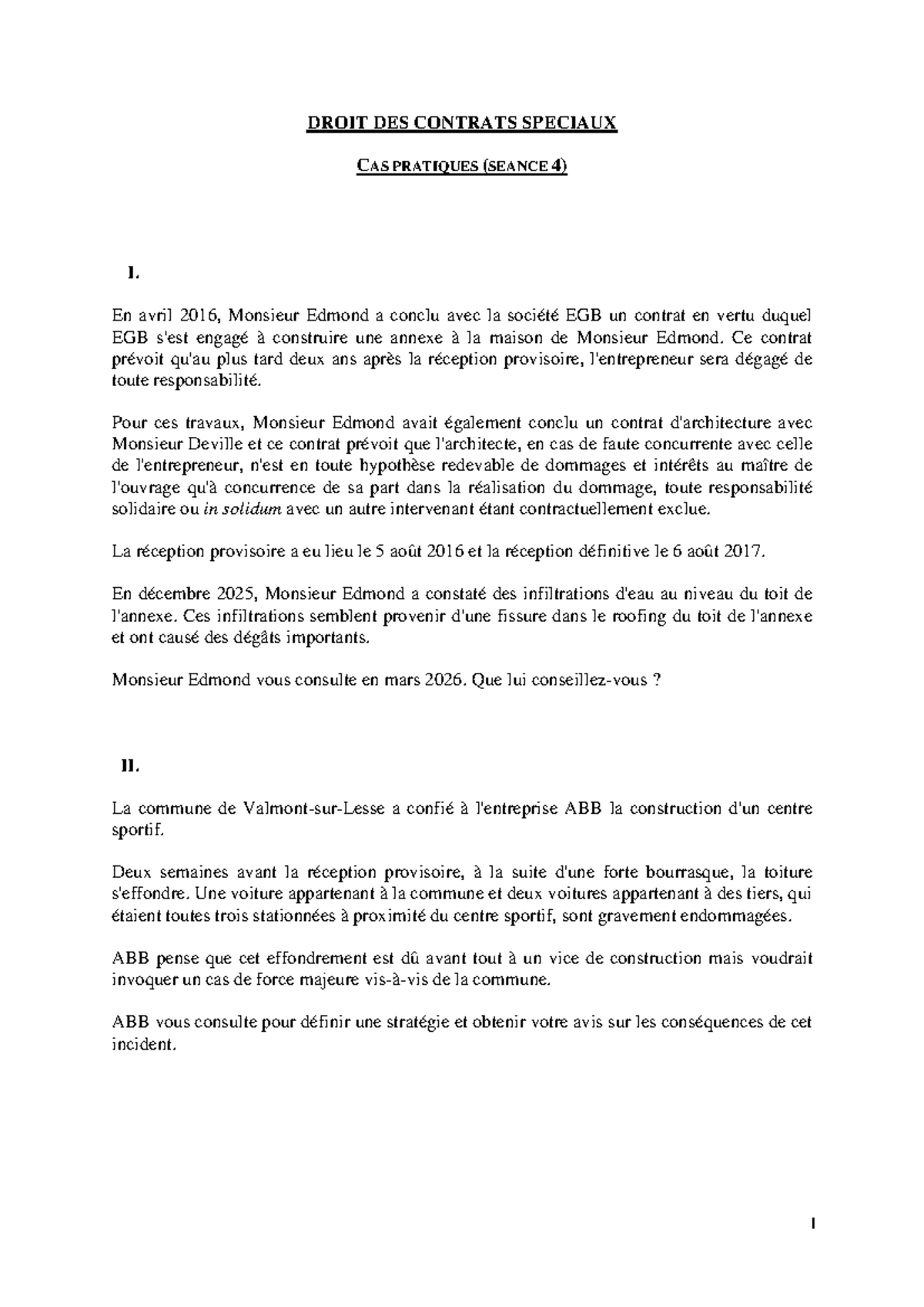 Cas Pratiques en Droit des Contrats Spéciaux (Séance 4) - Studocu