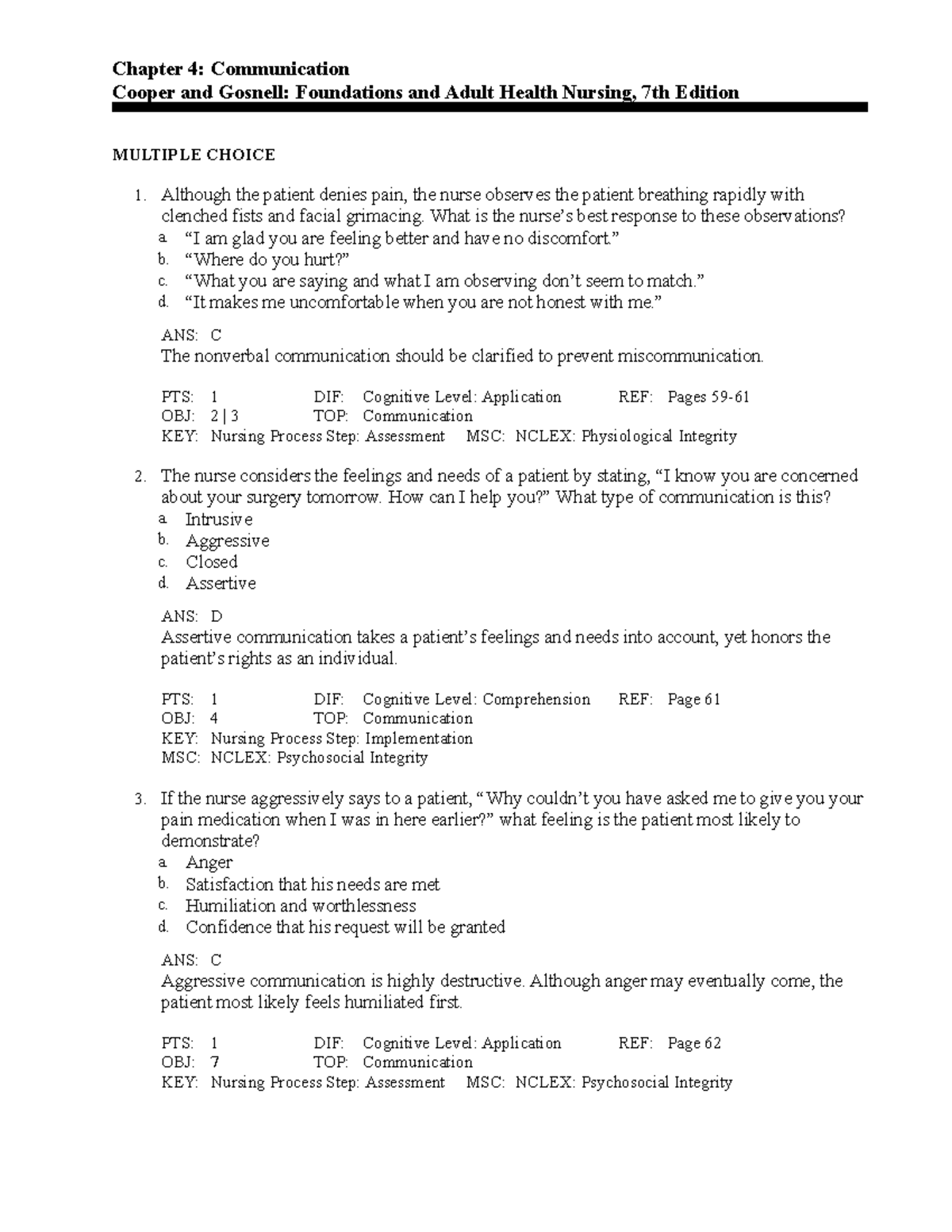 Ch 4 - ch 4 - Chapter 4: Communication Cooper and Gosnell: Foundations and Adult Health Nursing ...