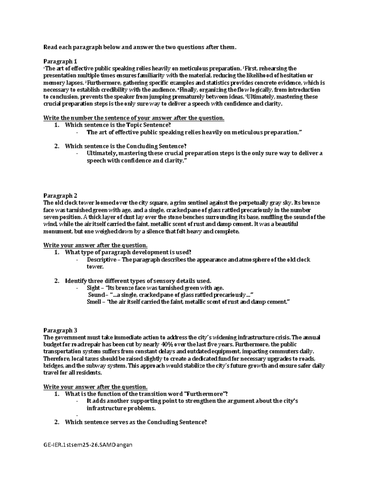 Paragraph Structure - Notes: Analyzing Topic & Concluding Sentences ...