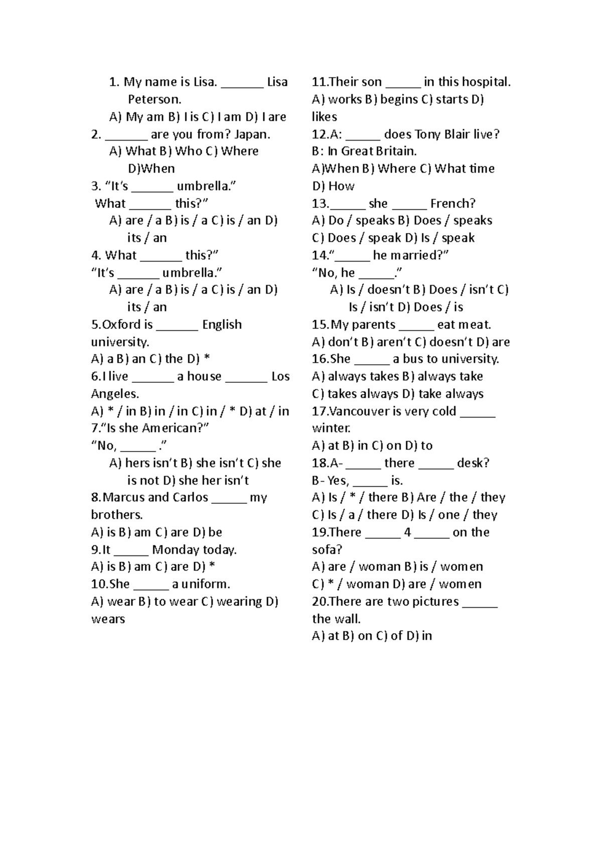 Beginner Level English Test Questions for ESL Students - Studocu