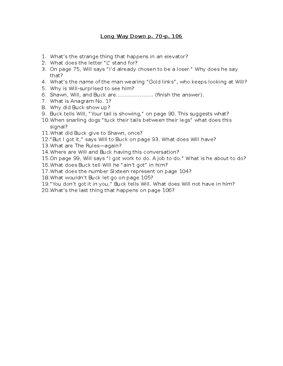 Long Way Down Study Notes: Pages 70-106 Analysis & Questions - Studocu