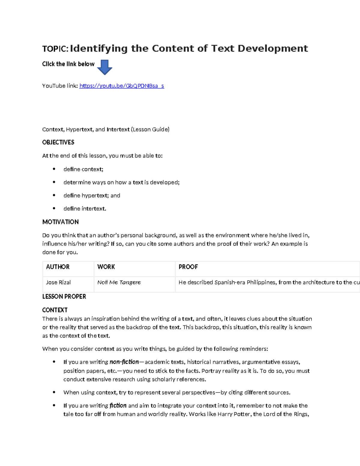 Context and Text Development: Lesson Notes for Course [XYZ101] - Studocu