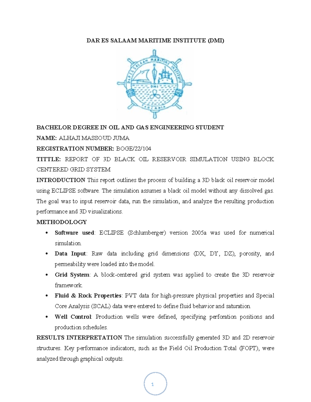 DMI BOGE 3D Black Oil Reservoir Simulation Report by Alhaji Juma - Studocu