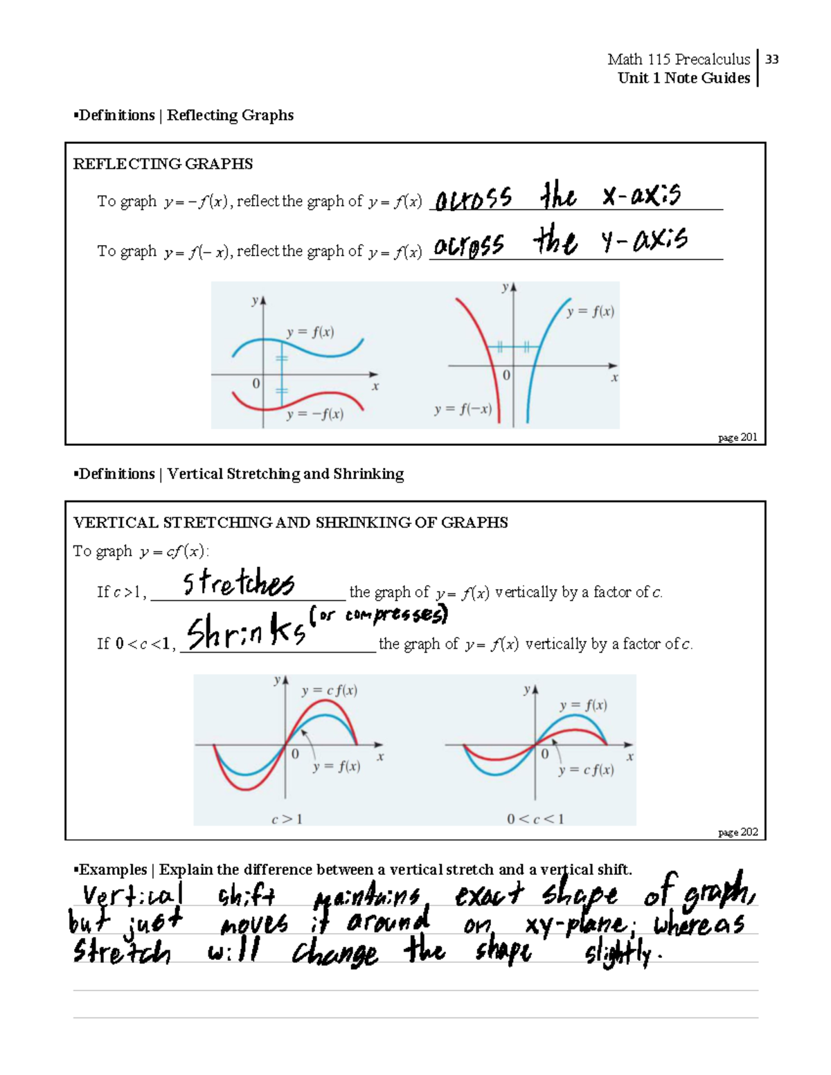Precalculus - Math 115 Precalculus Unit 1 Note Guides 33 Definitions | Reflecting Graphs ...
