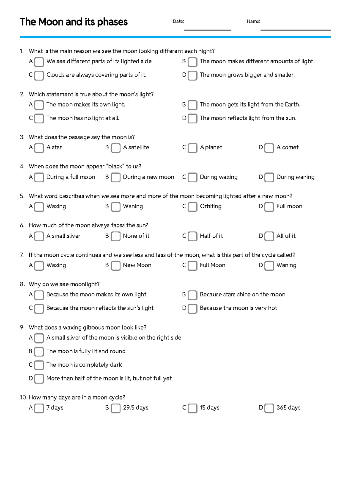 The Moon and Its Phases Quiz - Science 101 - Studocu