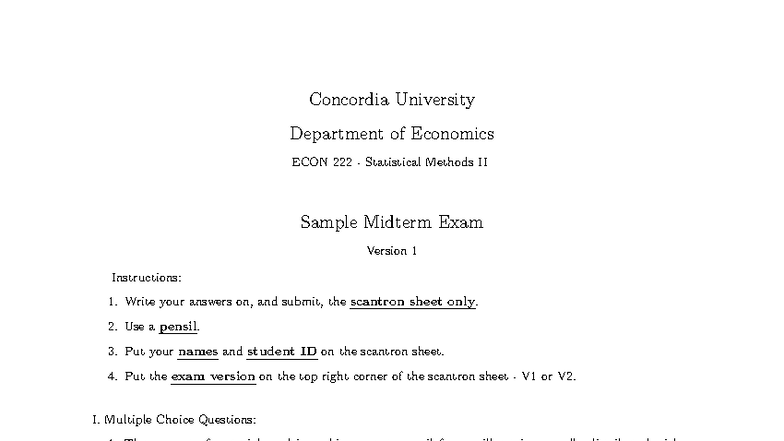ECON 222 Sample Midterm Exam: Statistical Methods II - Studocu