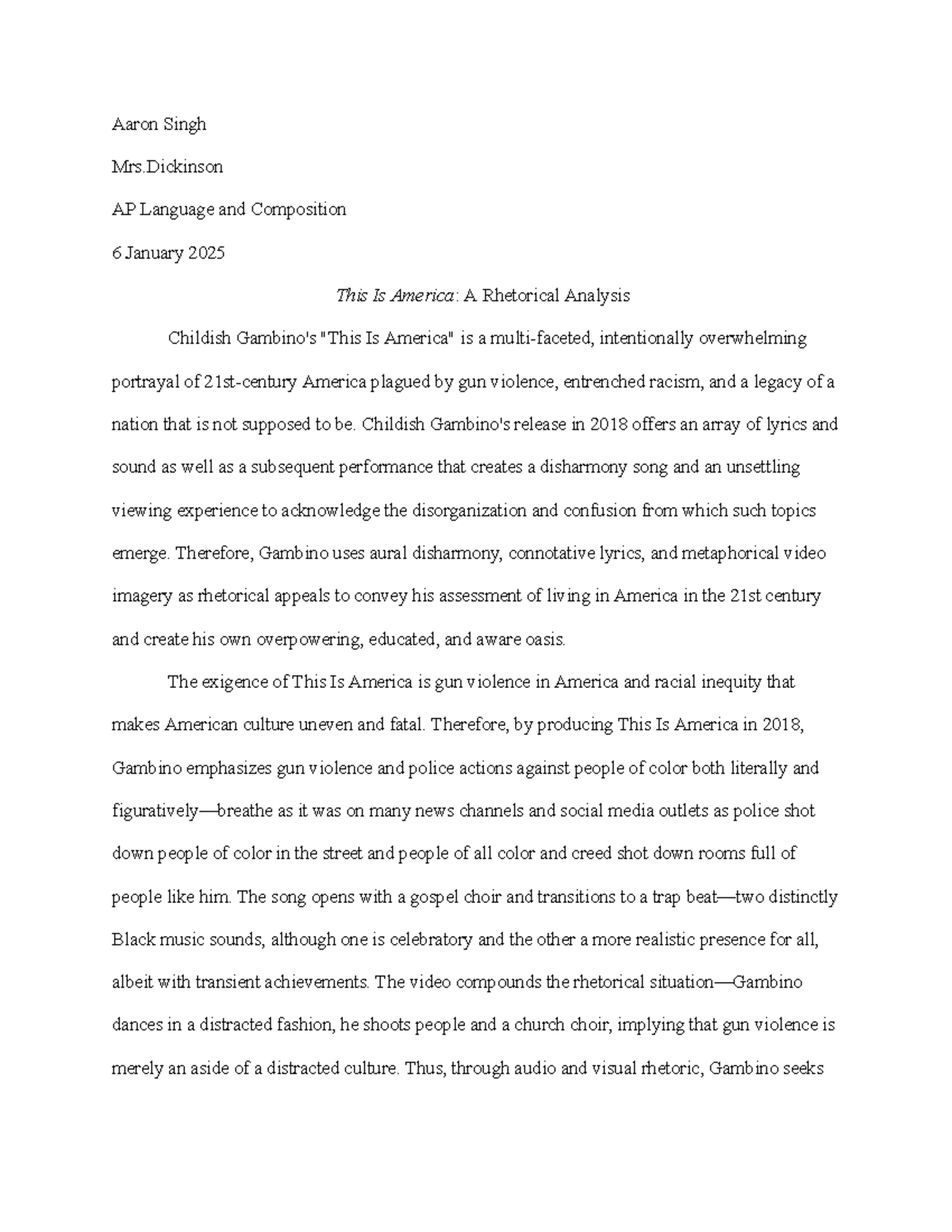 04.07 Rhetorical Analysis of "This Is America" - AP Language & Comp ...