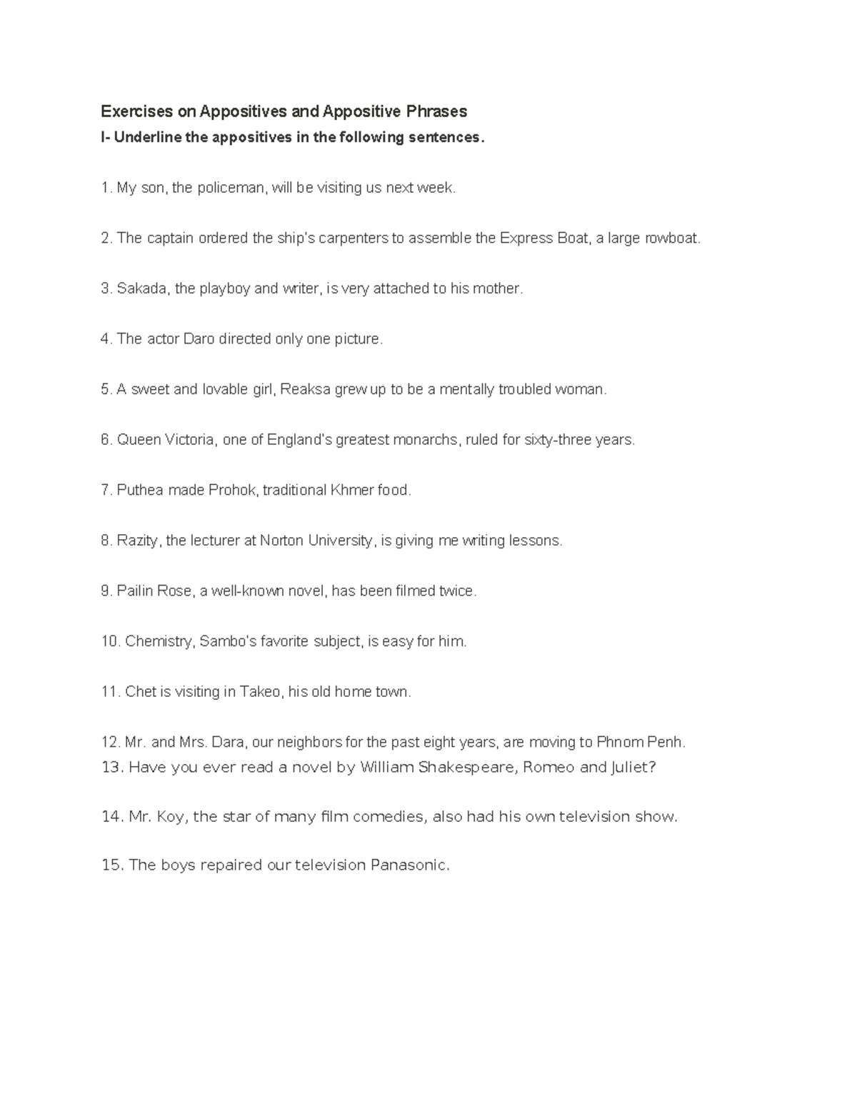 Appositives Practice Exercises for English Grammar Students - Studocu
