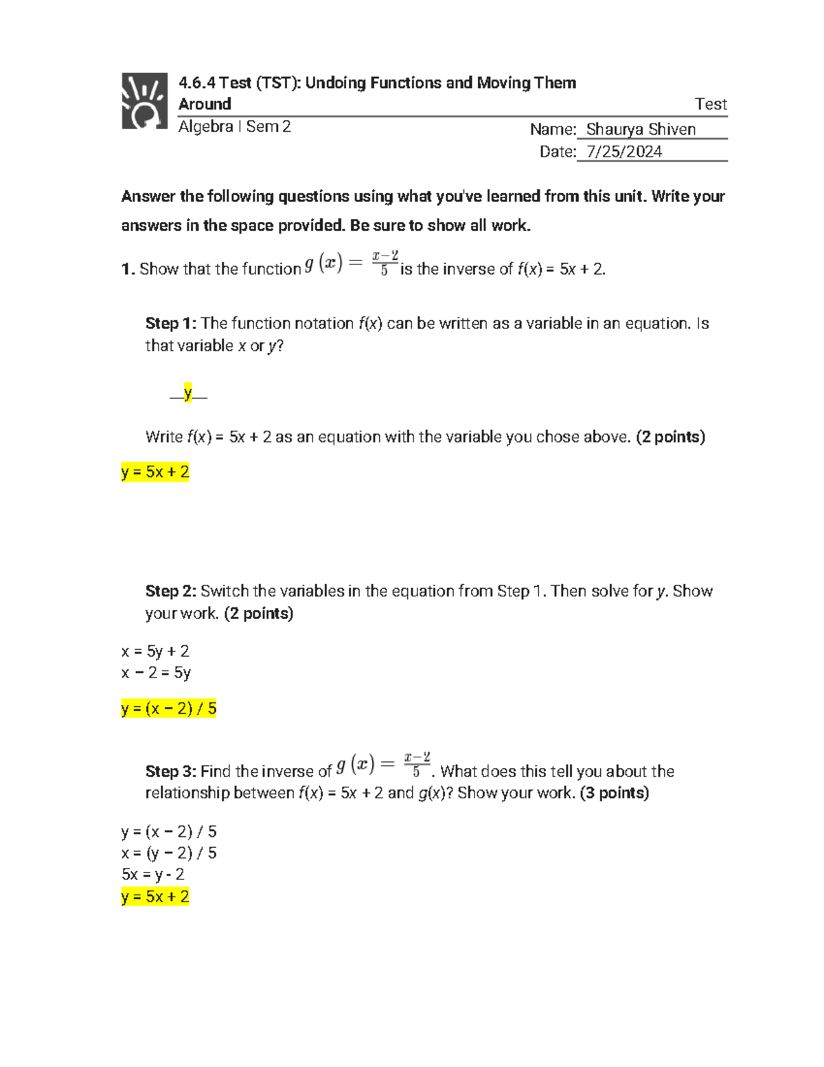 4.6.4 Test (TST) - Inverse Functions and Basic Transformations - Studocu