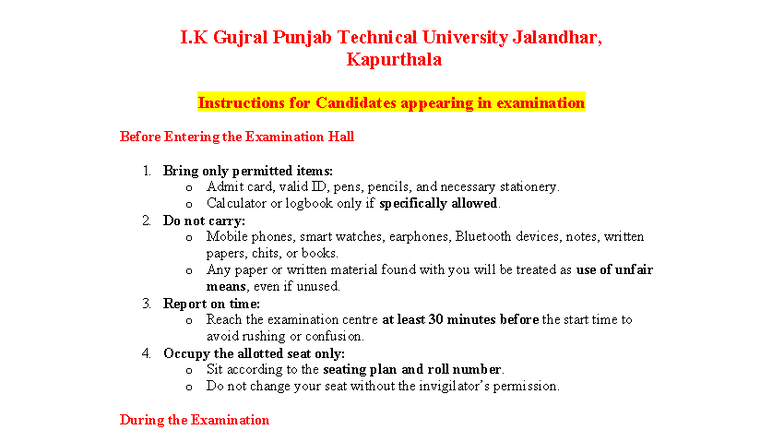 I.K. Gujral PTU Exam Hall Instructions for Candidates - Studocu